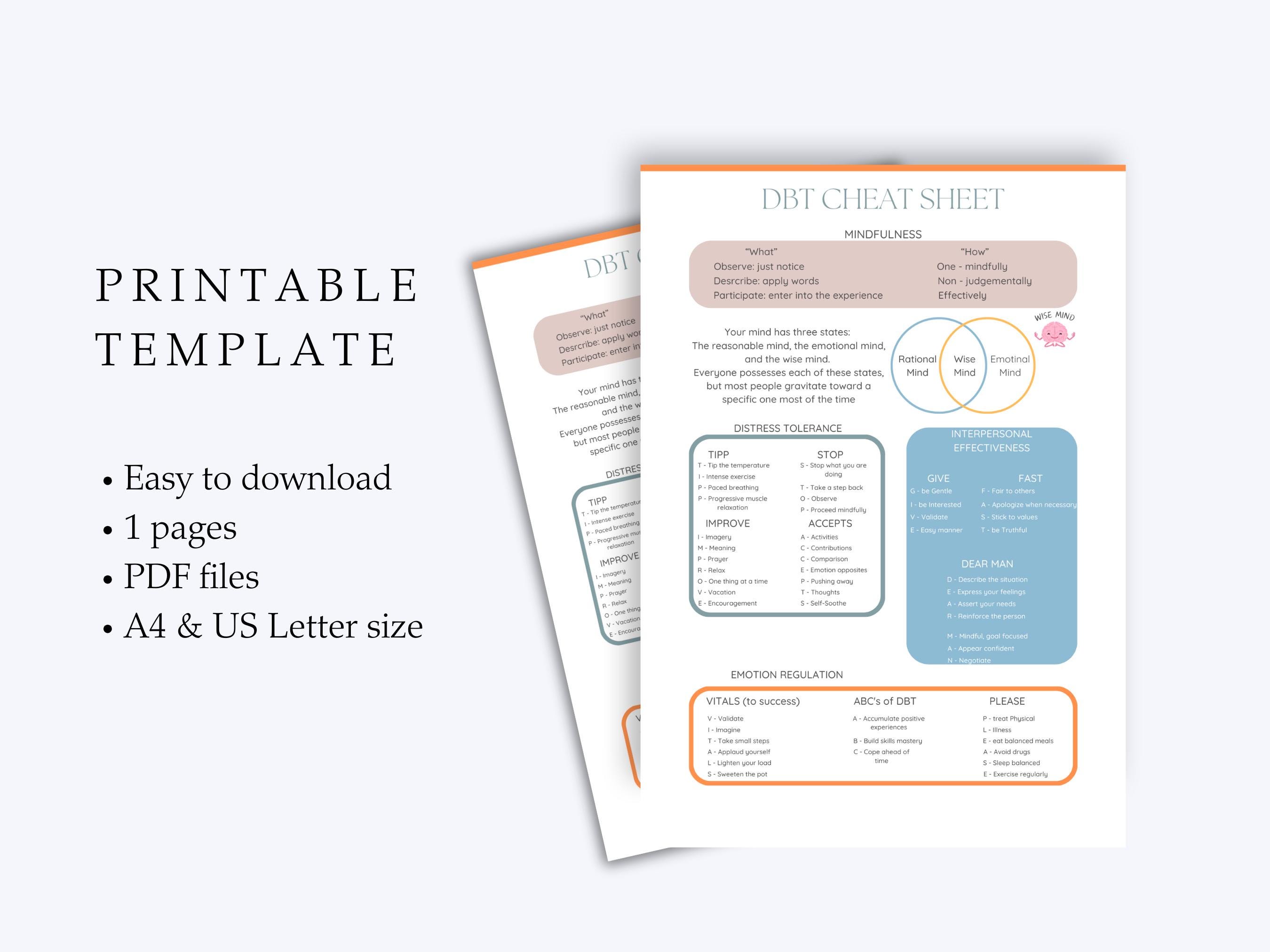 DBT Cheat Sheet Dialectical Behavior Therapy Guide Quick Reference for Skills and Techniques ...