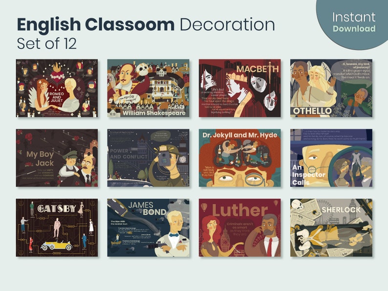 Set of 12 English Literature Art Print | English Classroom Posters ...
