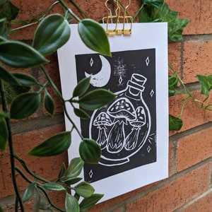 Mushroom Potion Bottle - Original Linocut Print | Fantasy Art Print ...