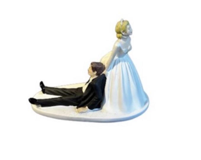 Reluctant Groom Cake Topper, Bride Dragging Groom Wedding Cake Topper ...