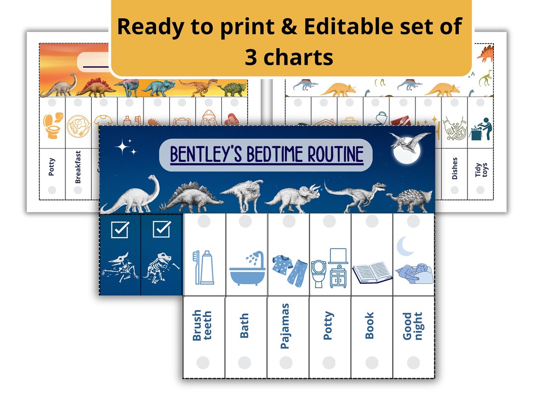 Bedtime Routine, Kids Daily Schedule, Editable Chore Chart Dinosaures ...