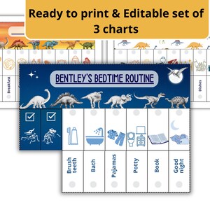 Bedtime Routine Kids Daily Schedule Editable Chore Chart Dinosaures ...