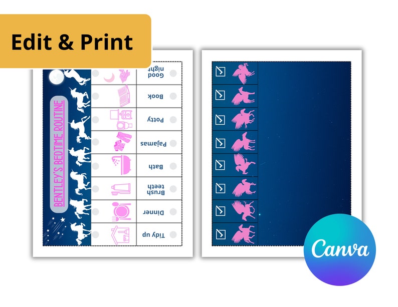 Bedtime Routine, Kids Daily Schedule, Editable Chore Chart Unicorns ...