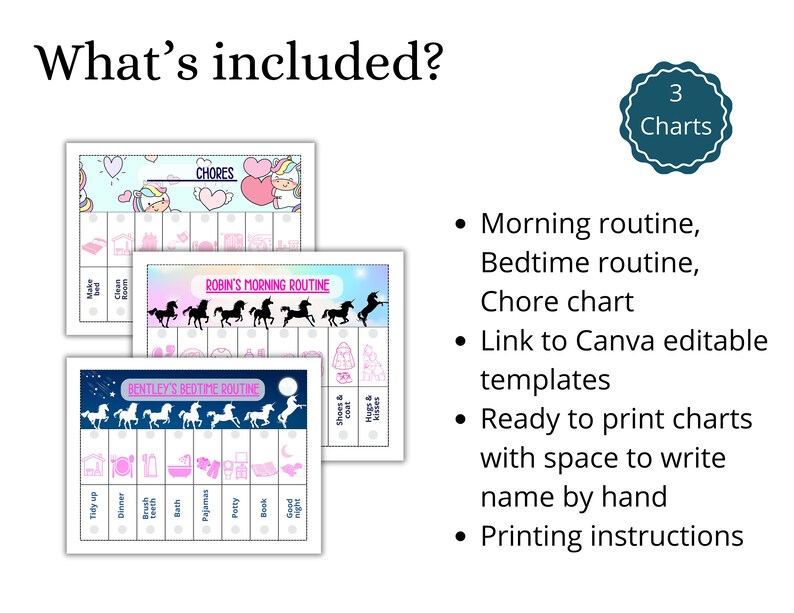 Bedtime Routine, Kids Daily Schedule, Editable Chore Chart Unicorns ...