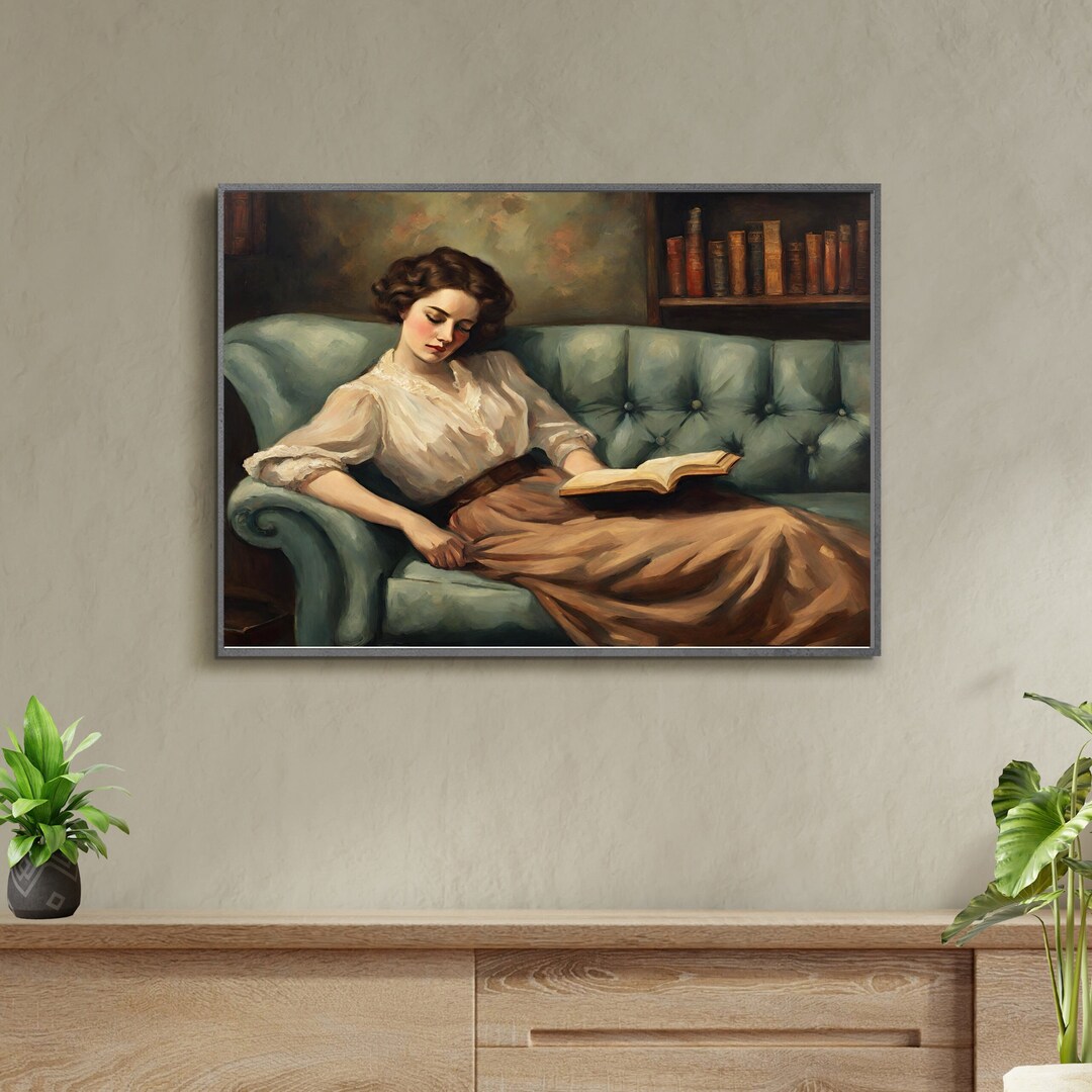 Woman Reading Art Vintage Decadent Young Woman on Sofa Literary Gifts ...