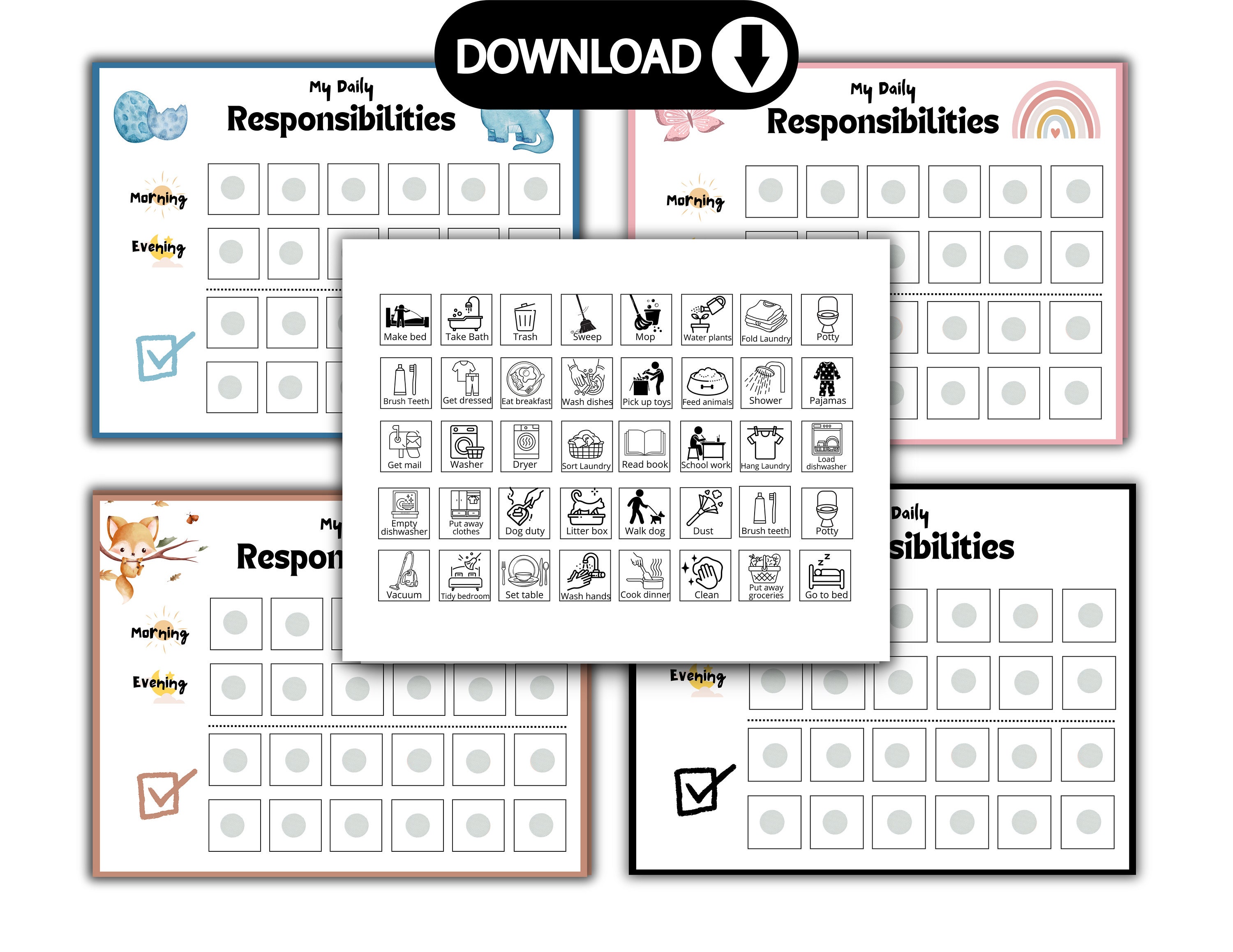 Kids Daily Responsibilities Chart | Visual Schedule, Chore Chart (PDF ...