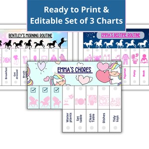 Bedtime Routine Kids Daily Schedule Editable Chore Chart Unicorns ...