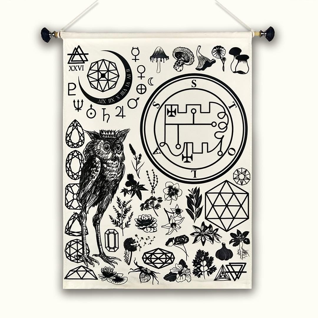 Stolas Tapestry: Ars Goetia Wall Decor, Crowned Owl Art (20"x22") - Etsy