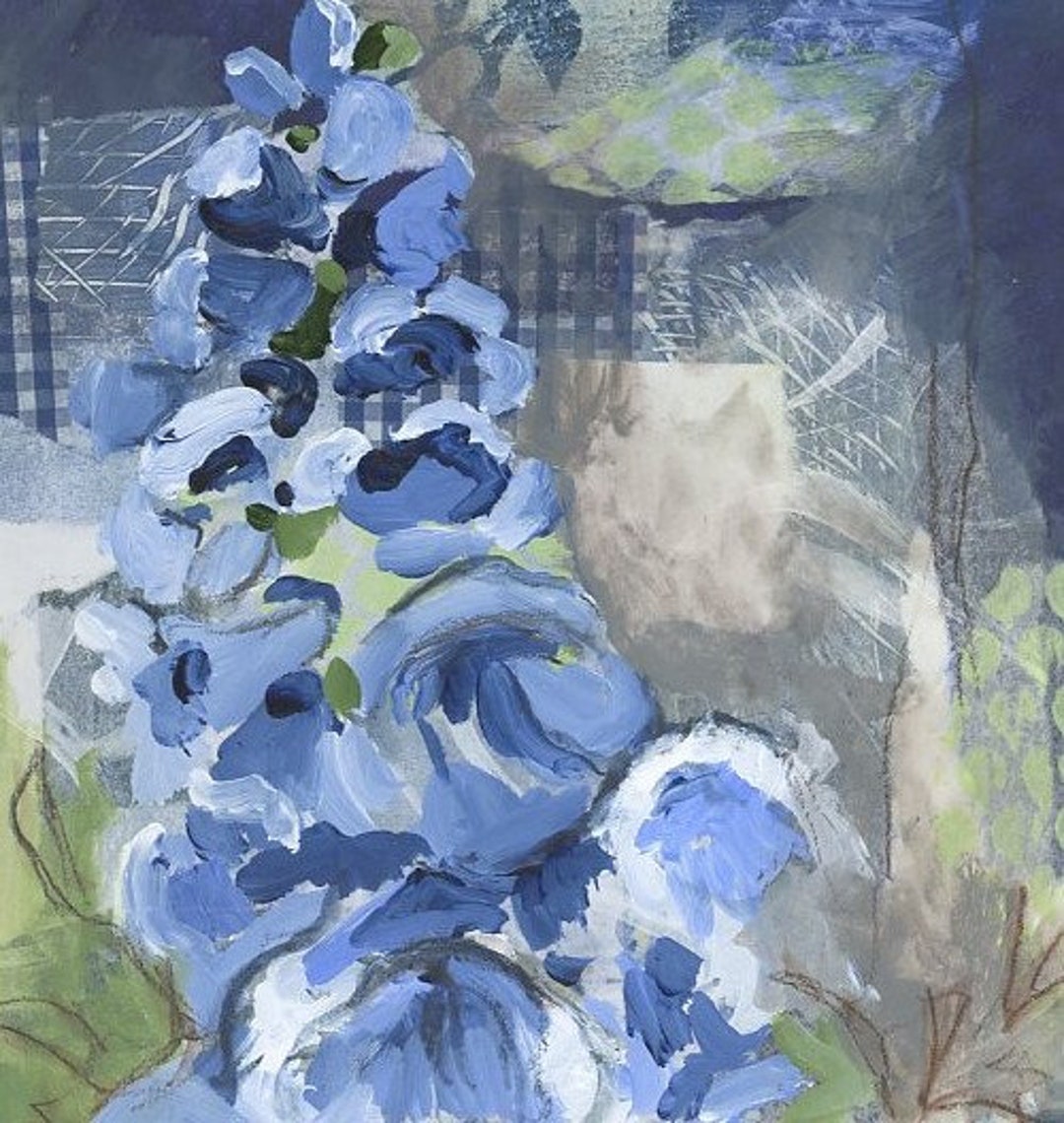 Original Blue Delphinium Abstract Botanical Small Acrylic Painting and ...