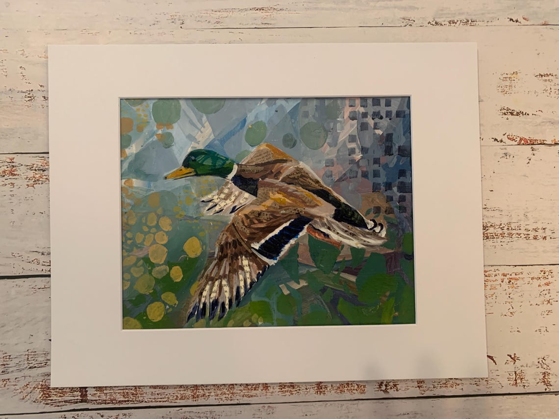 Original Acrylic Painting and Hand Printed Collage of a Mallard Duck ...