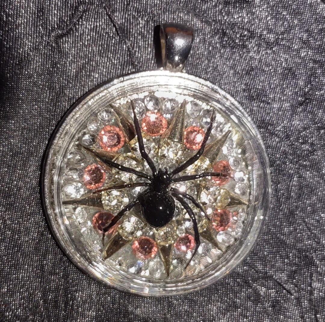 Real Black Widow Spider Pendant Necklace Gothic Circle of Clear Crystal ...