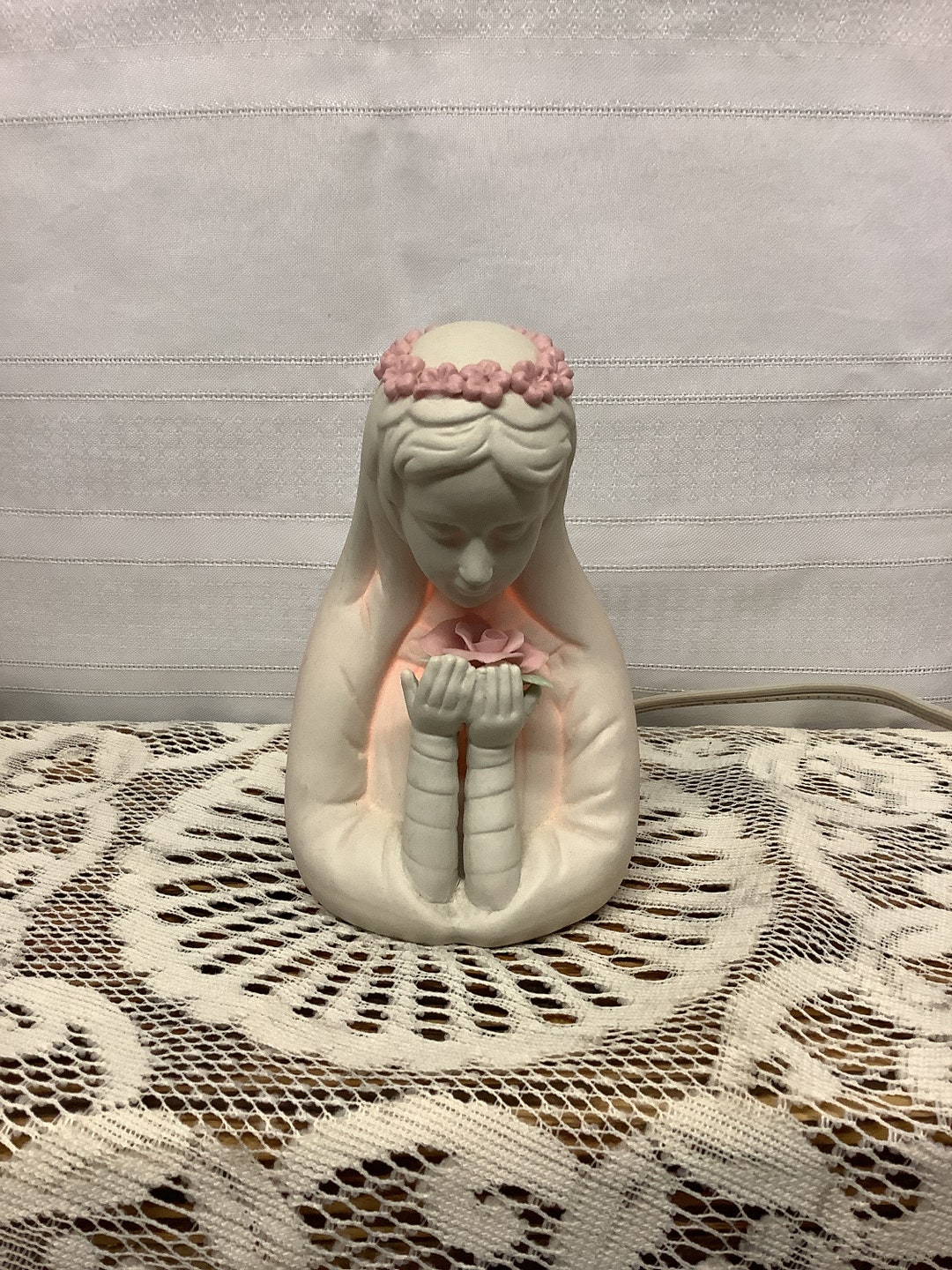 Vintage Bisque Madonna Table Nightlight With Crown of Pink Roses - Etsy