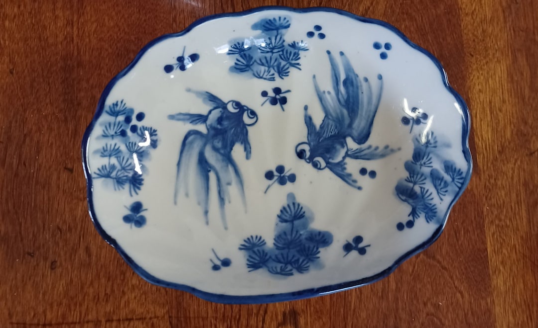 Vintage Shell Shaped Chinese Fish Design Bowl-blue and White Shell ...