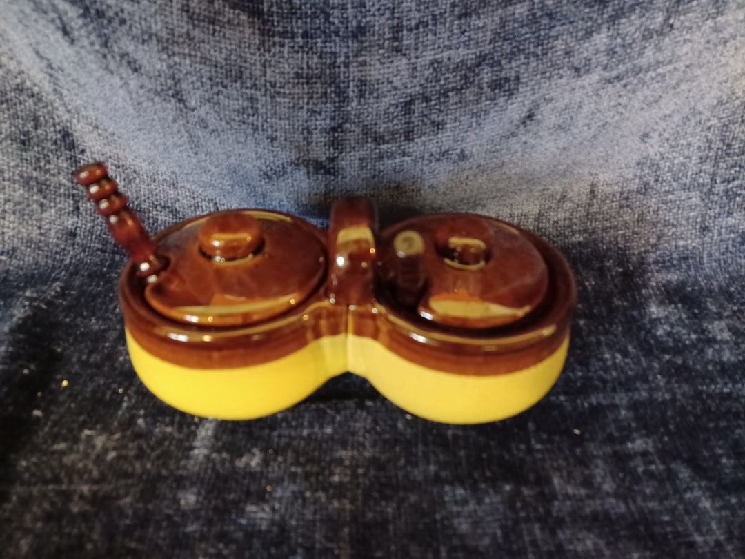 Vintage Brown Tan Dual Condiment Ceramic Serving Dish-jelly/jam Server ...