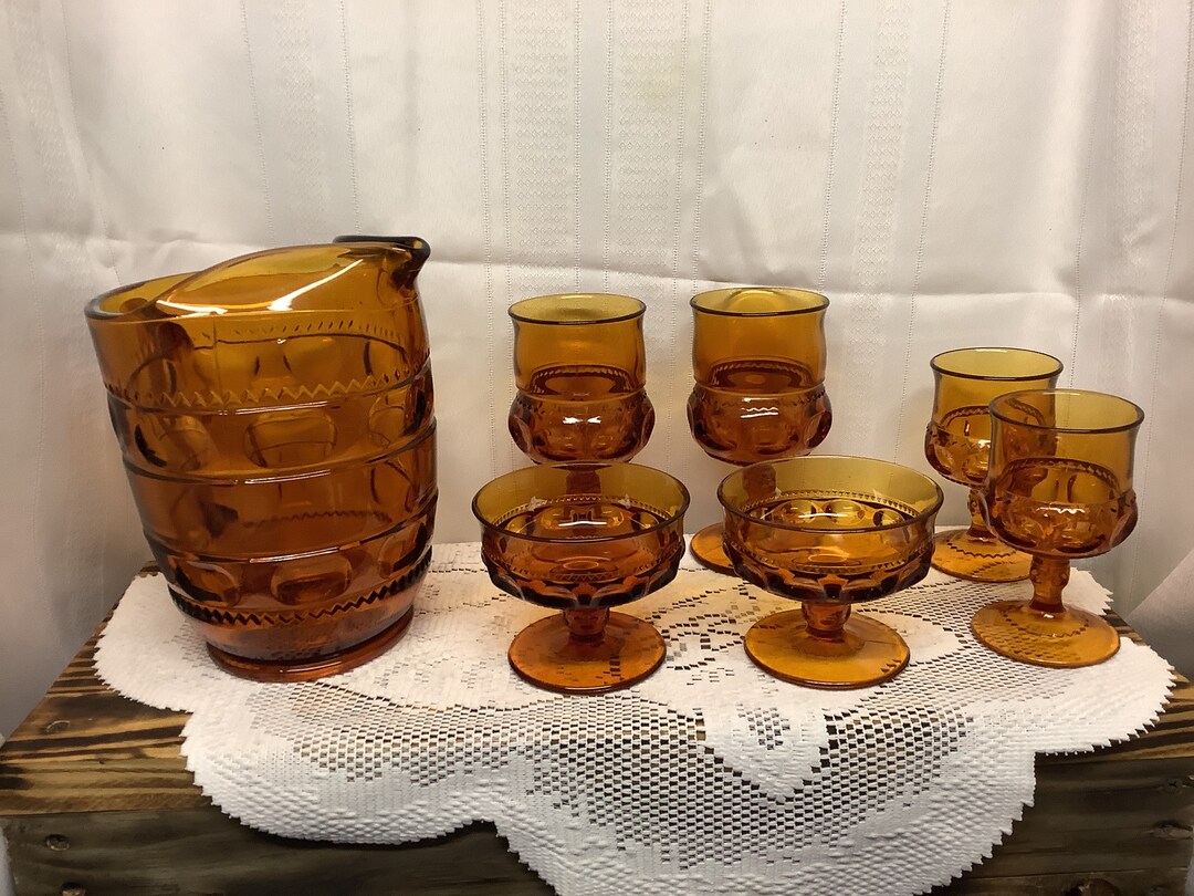 Kings Crown Amber Thumbprint Pressed Glass Pitcher/cordial Glasses/wine ...