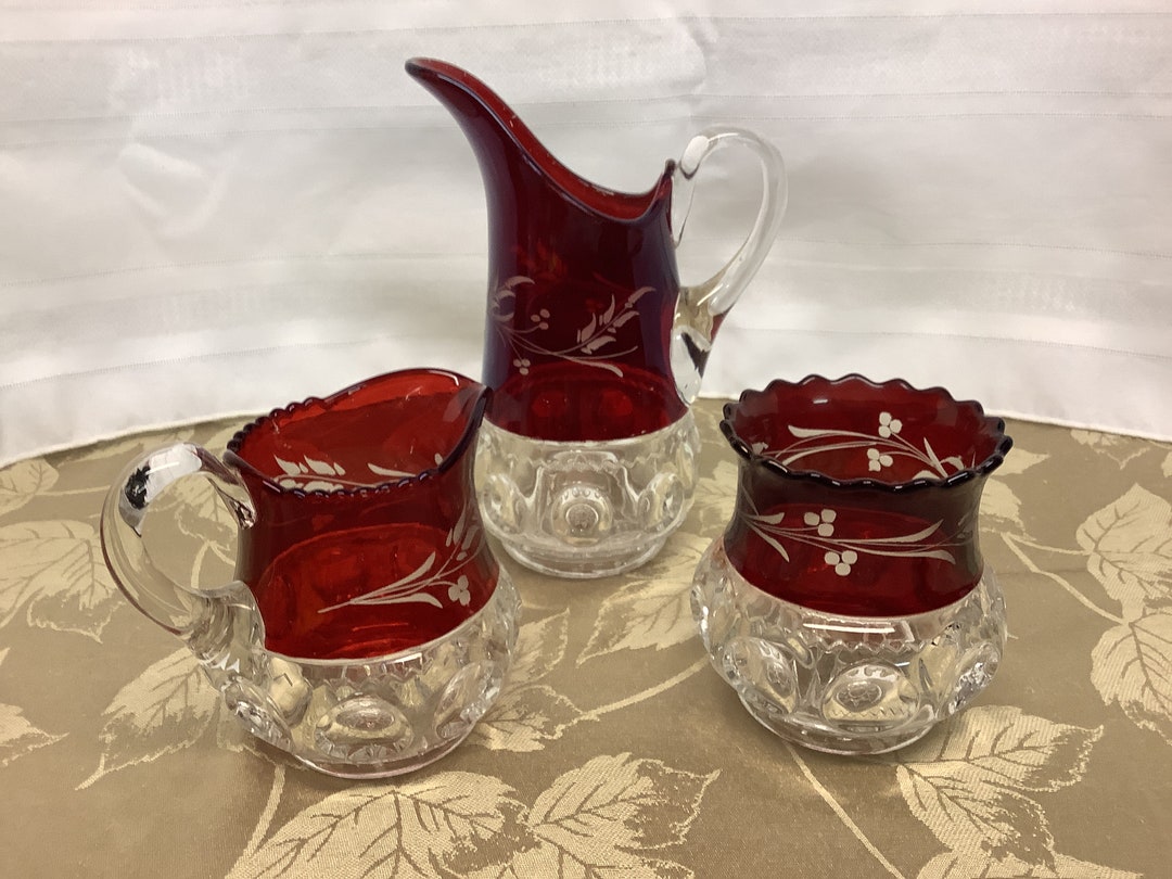 Vintage Kings Crown Ruby Flash 8” Pitcher OR Sugar and Creamer OR Set ...
