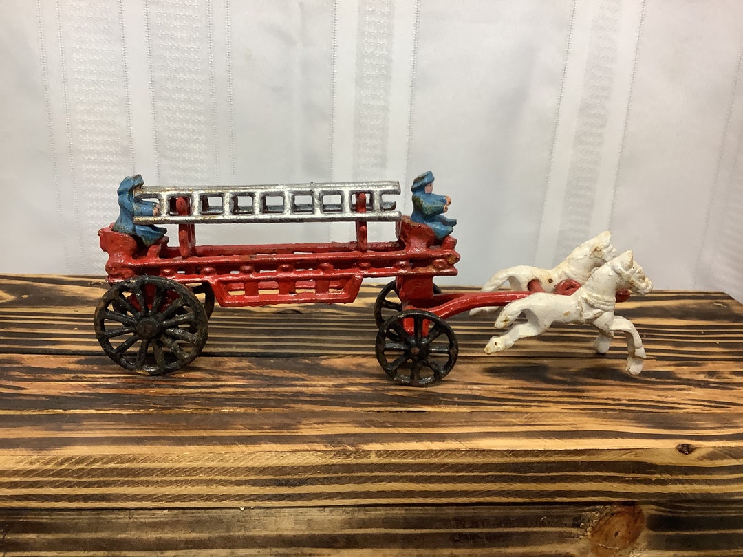 Vintage Cast Iron Horse Drawn Fire Wagon With Two Fire Fighters and 2 ...