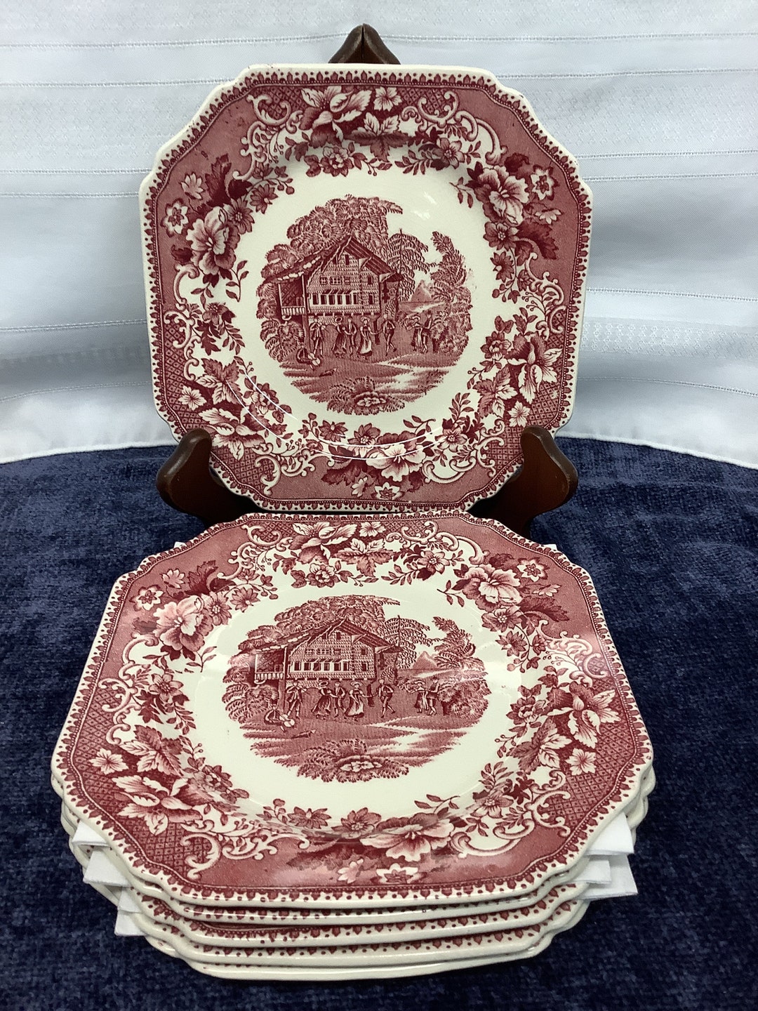 Vintage Avon Cottage Pattern 7 Red Pink Transferware Square Luncheon or ...