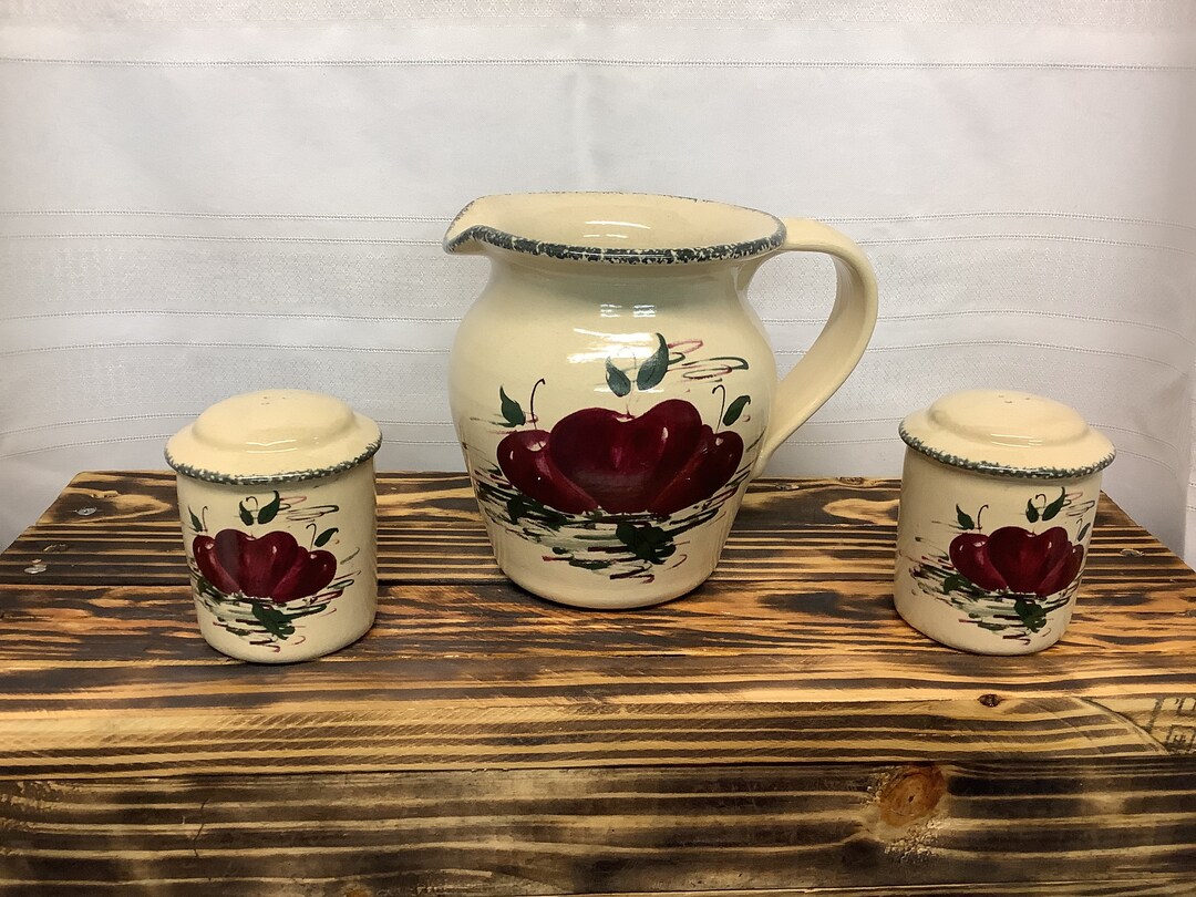 Vintage Casey Pottery Burgandy 3 Apple and Leaf 3pc Set - Pitcher and ...