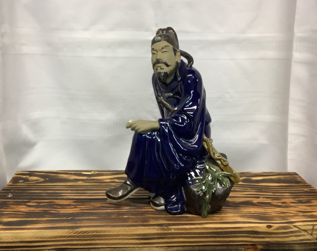 Vintage Large Chinese Man Sitting on a Rock Figure -holding a Sword ...