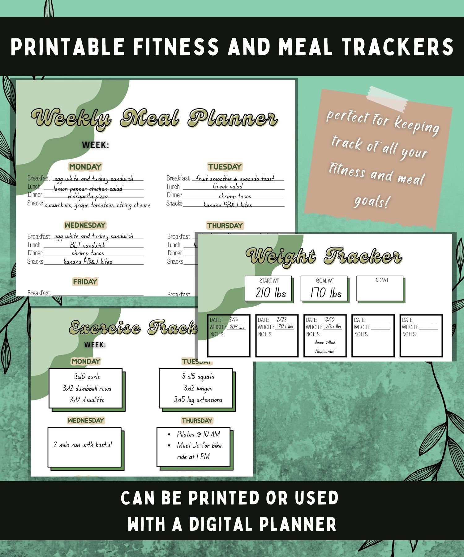 Printable Fitness and Meal Tracker Bundle - 3 Printable Products ...