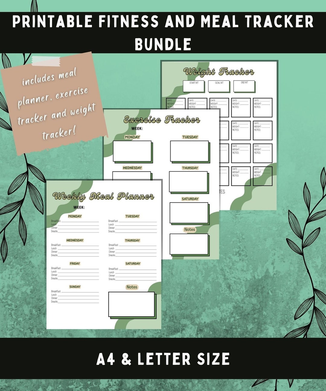 Printable Fitness and Meal Tracker Bundle - 3 Printable Products ...