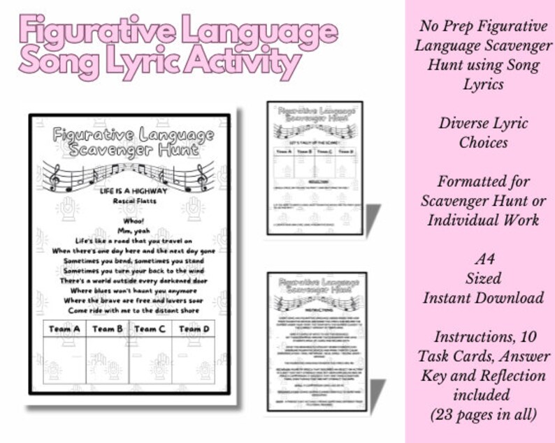 Figurative Language Song Lyric Activity Figurative Language in Song ...