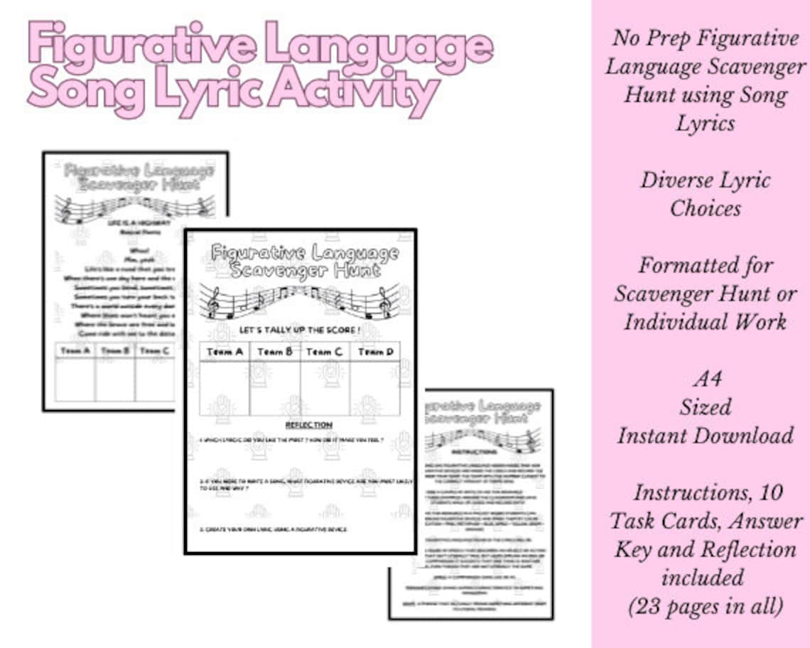 Figurative Language Song Lyric Activity | Figurative Language in Song ...