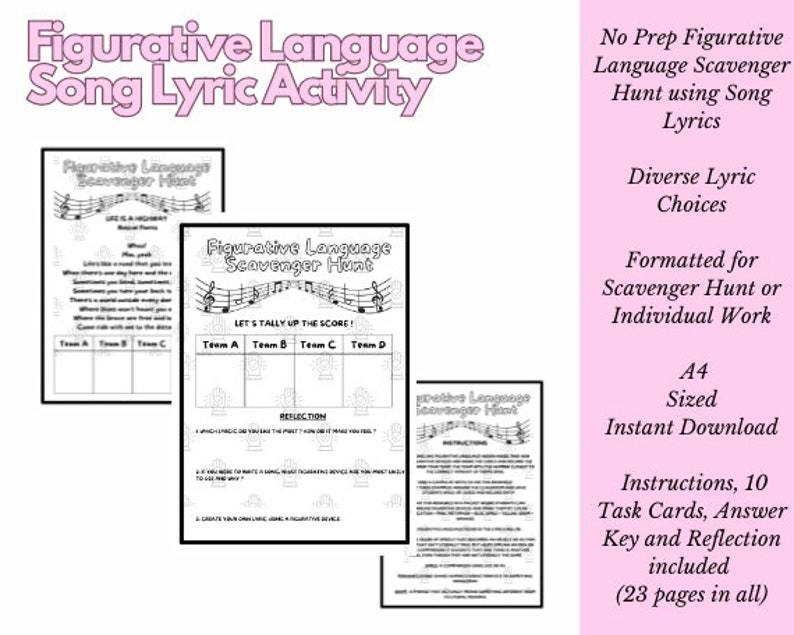 Figurative Language Song Lyric Activity | Figurative Language in Song ...