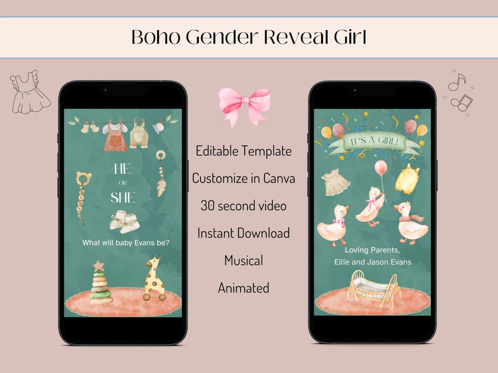 It’s a Girl Boho Gender Reveal Video Template Editable in Canva, Gender ...