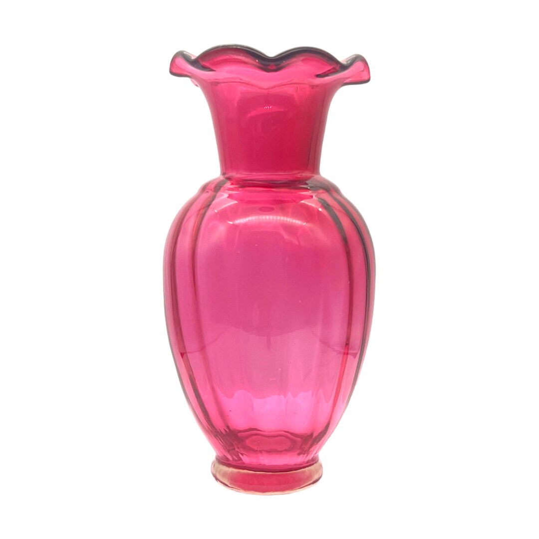 Pilgrim Glass Cranberry Optic Panel Ruffle Edge Vase Vintage 9 Etsy