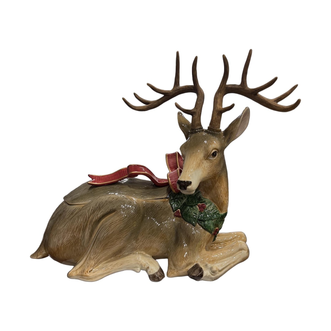 Fitz & Floyd - Holiday Leaves Reindeer Cookie Jar Centerpiece - Large ...