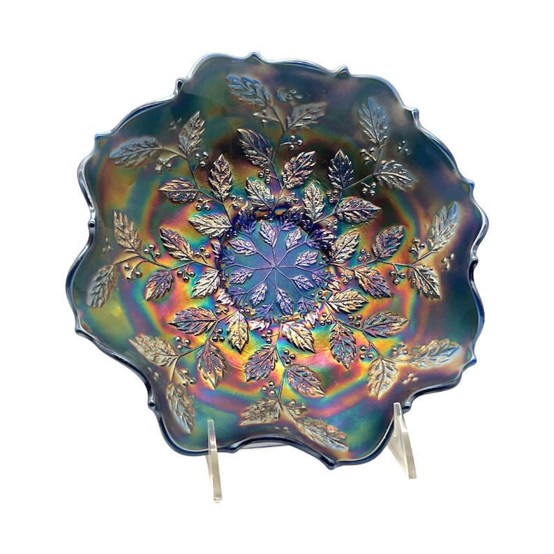 Fenton Art Glass Holly Carnival Glass Blue Ruffled Bowl - Etsy