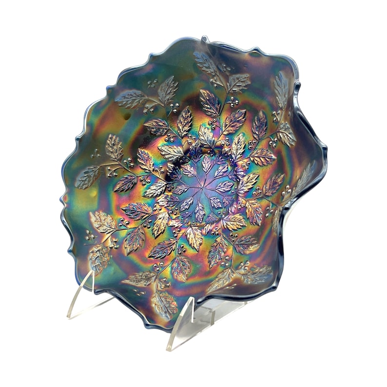 Fenton Art Glass Holly Carnival Glass Blue Ruffled Bowl - Etsy