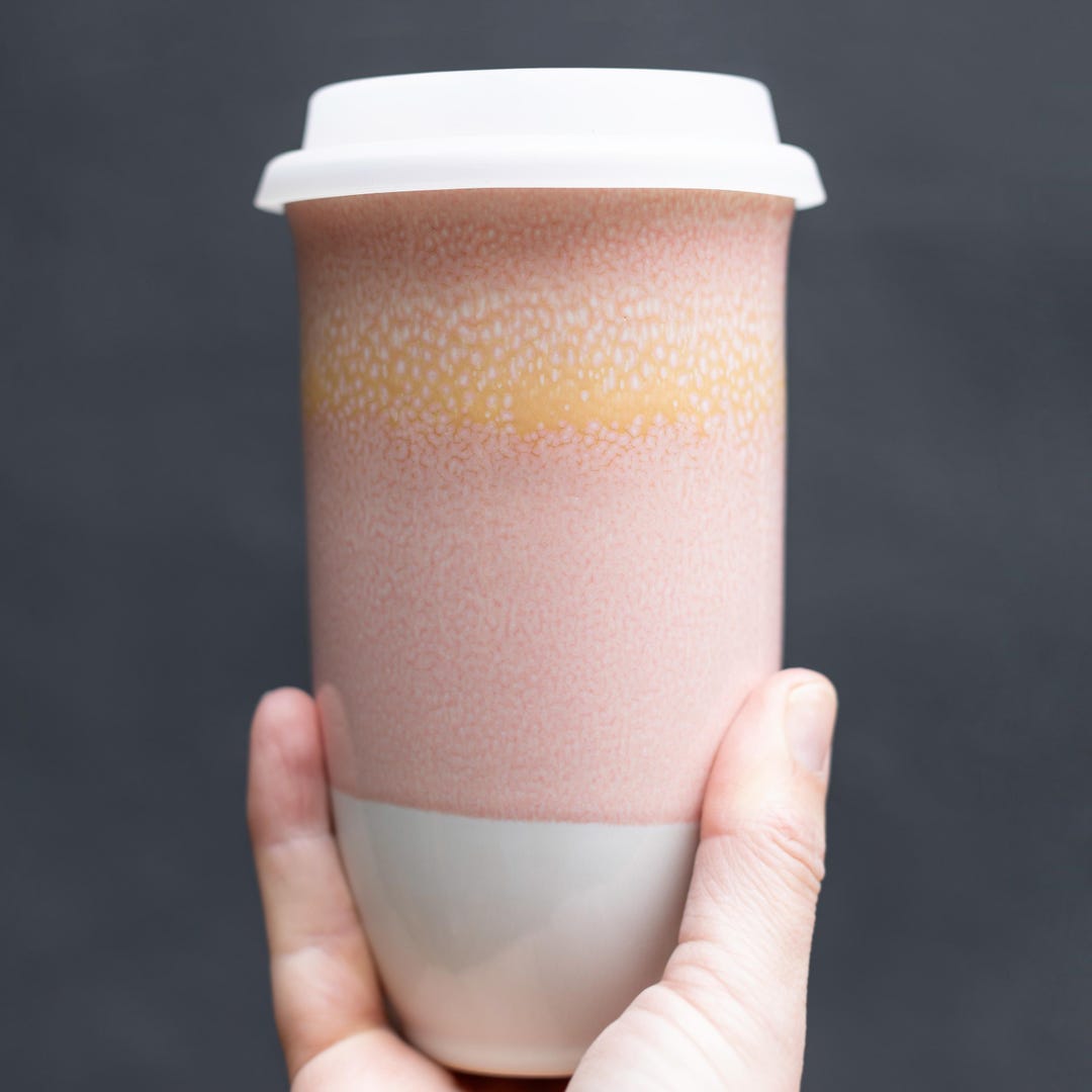 Ceramic Travel Mug With Silicone Lid and Heatband, 16oz Ceramic Tumbler ...