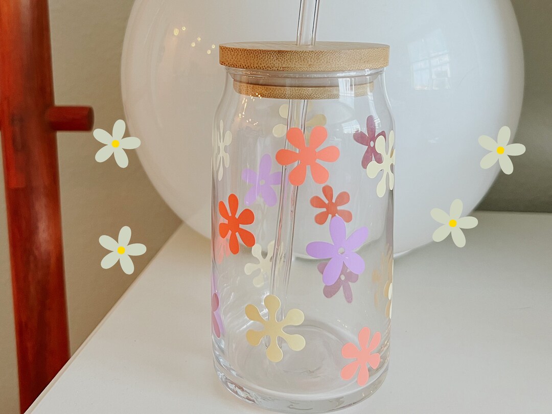 Retro Flower Glass Cup Coffee Cup | Boho Shaped Glass 16 Oz Cup | Retro ...