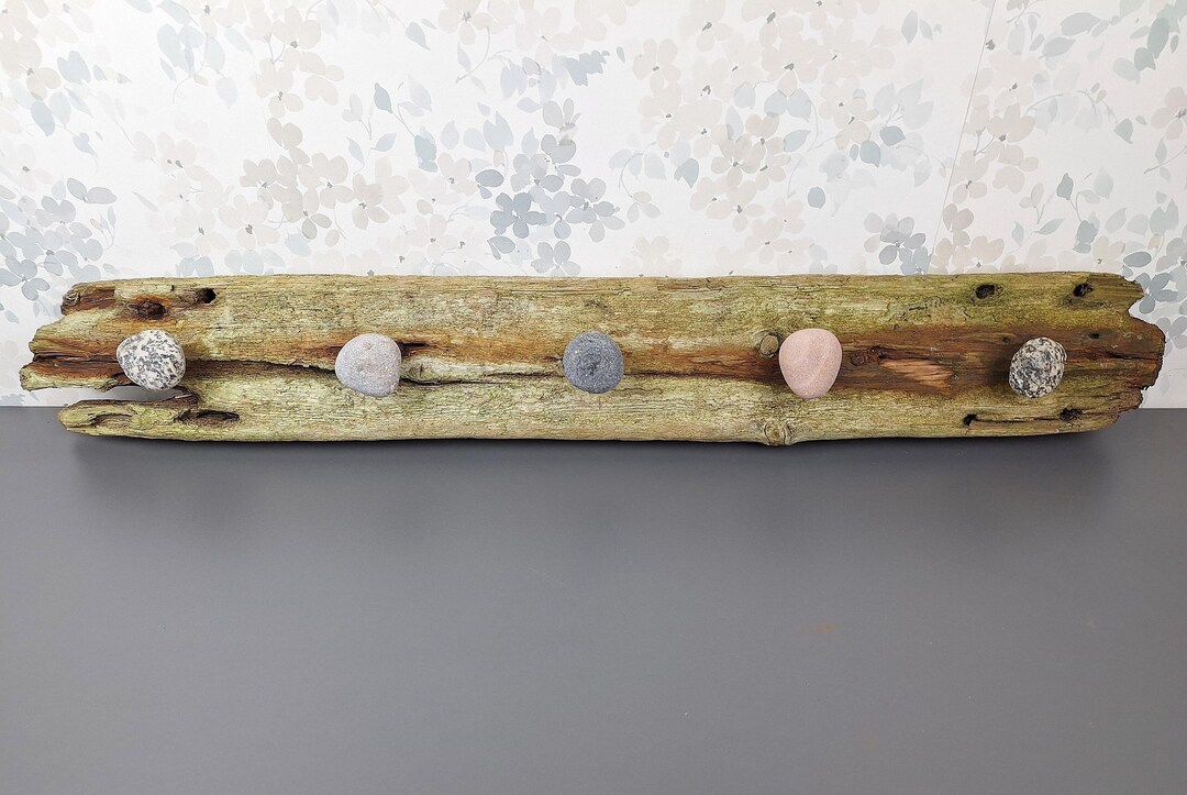 Large Driftwood Hanger With Pebble Hooks | Rustic Coastal Decor ...