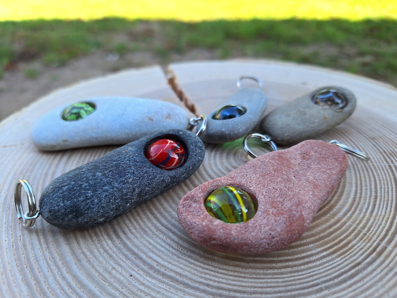 Pebble Keychain With Glass Ball, Handmade Natural Product, Stone Key ...
