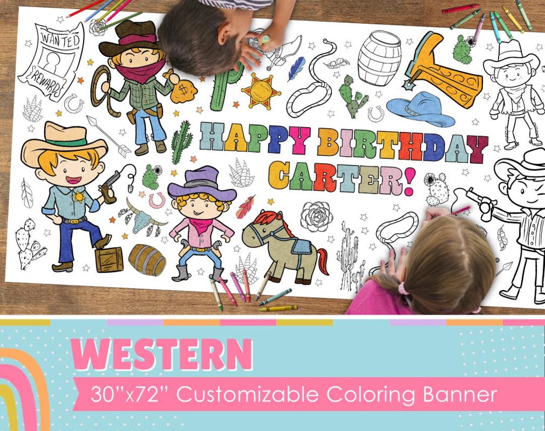GIANT Western Cowboy Coloring Banner | Customizable 6 Feet Long | 30" X ...