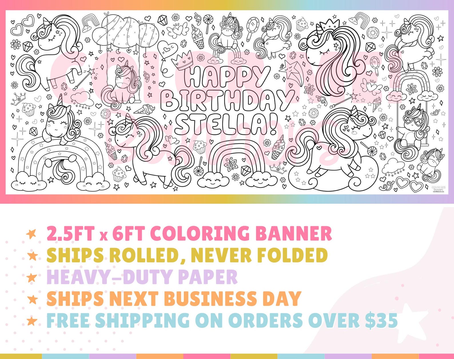GIANT Unicorn Princess Coloring Banner Poster | 6 Feet Long | 30" X 72 ...
