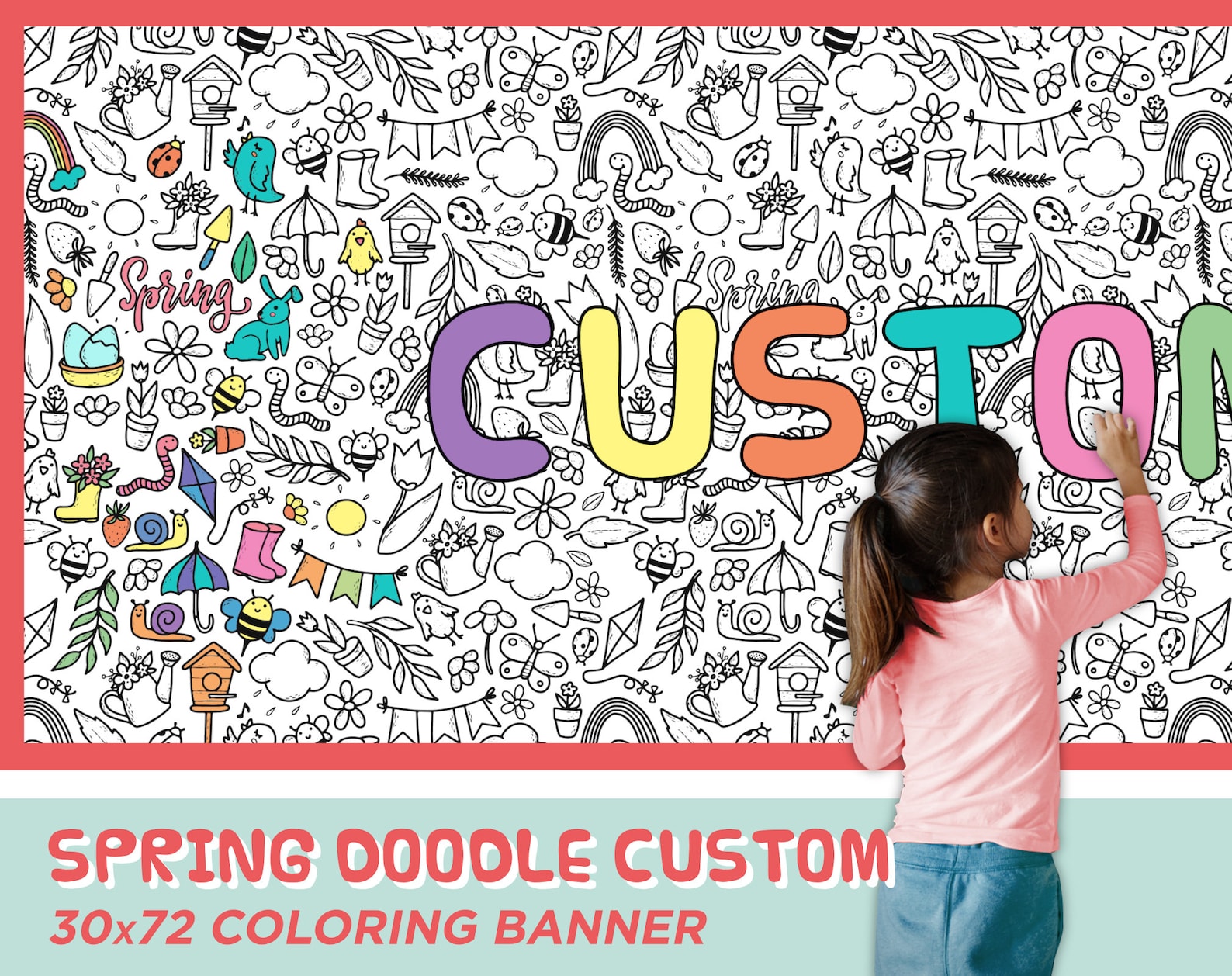 Spring Doodle Coloring Page Banner With Custom Name - Etsy