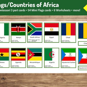 Flags of Africa 54 Montessori Three Part Cards 54 Mini Flags 6 ...