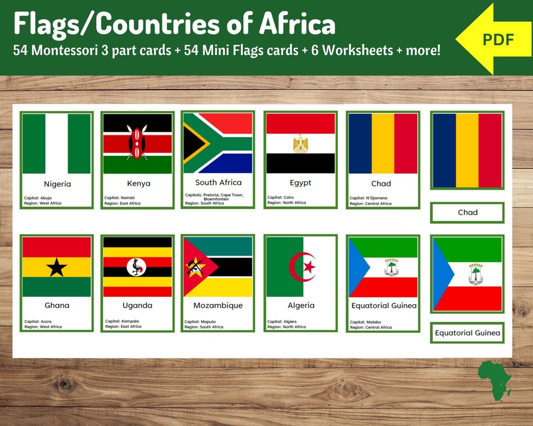 Flags of Africa 54 Montessori Three Part Cards 54 Mini Flags 6 ...