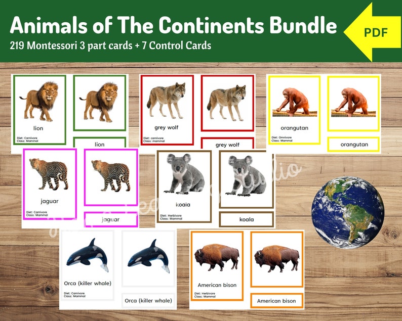 Animals of the Continents Mega Bundle | 219 Montessori Cards | Wildlife ...