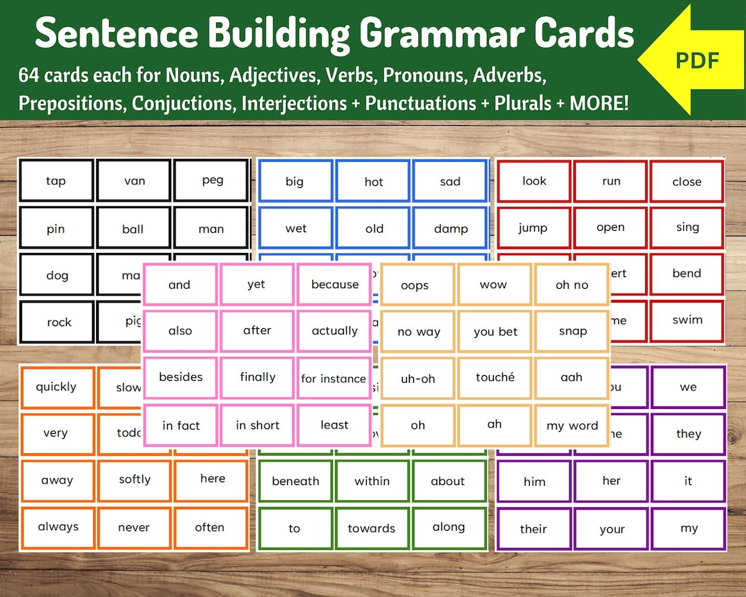 Sentence Building Grammar Cards | Nouns, Verbs, Adjectives + Grammar ...