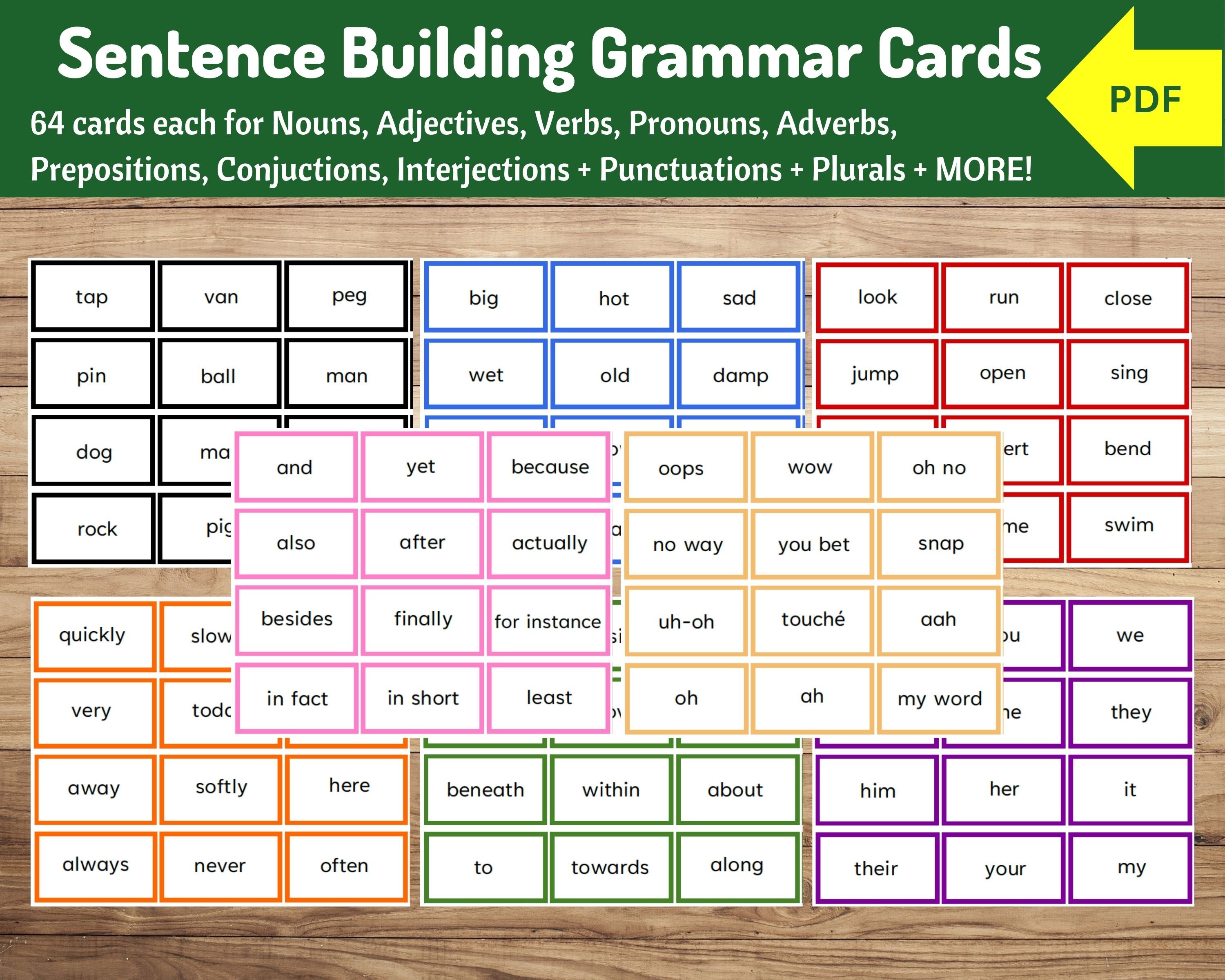 Sentence Building Grammar Cards | Nouns, Verbs, Adjectives + Grammar ...