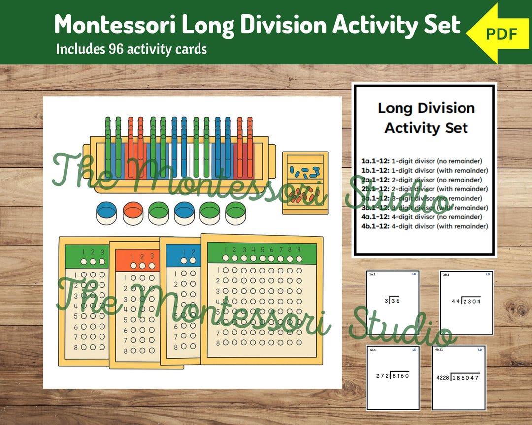Montessori Division Task Cards: Long Division Activity Set (96 Problems ...