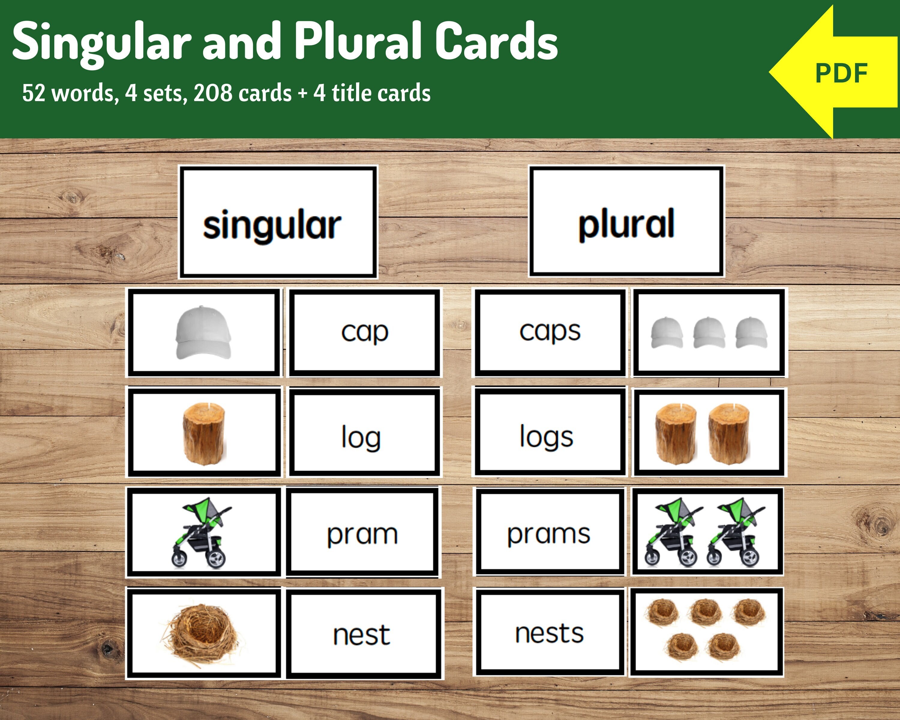 Singular and Plural Cards 52 Words, 4 Sets, 208 Cards 4 Title Cards ...