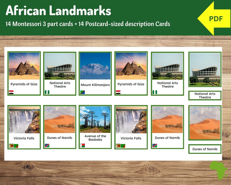 African Landmarks 14 Montessori Three Part Cards 14 Postcard-sized ...