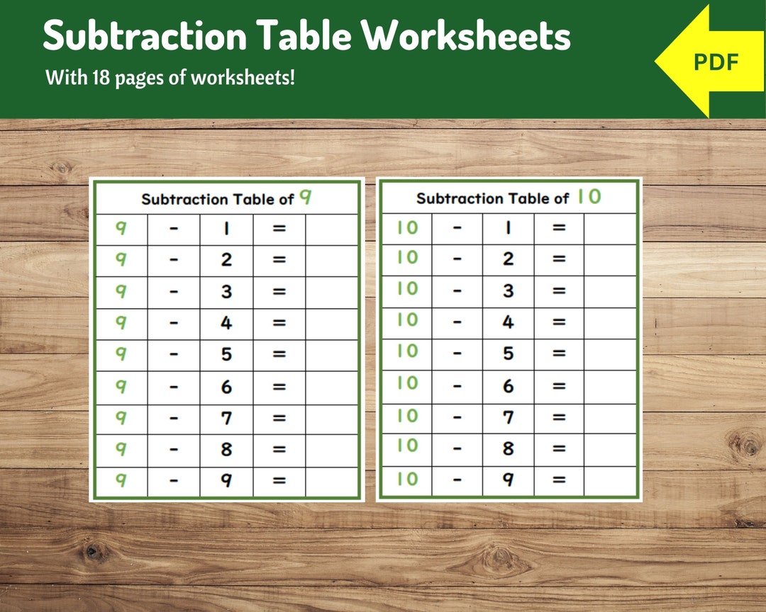 Montessori Subtraction Tables 18 Pages of Practice Worksheets Maths ...